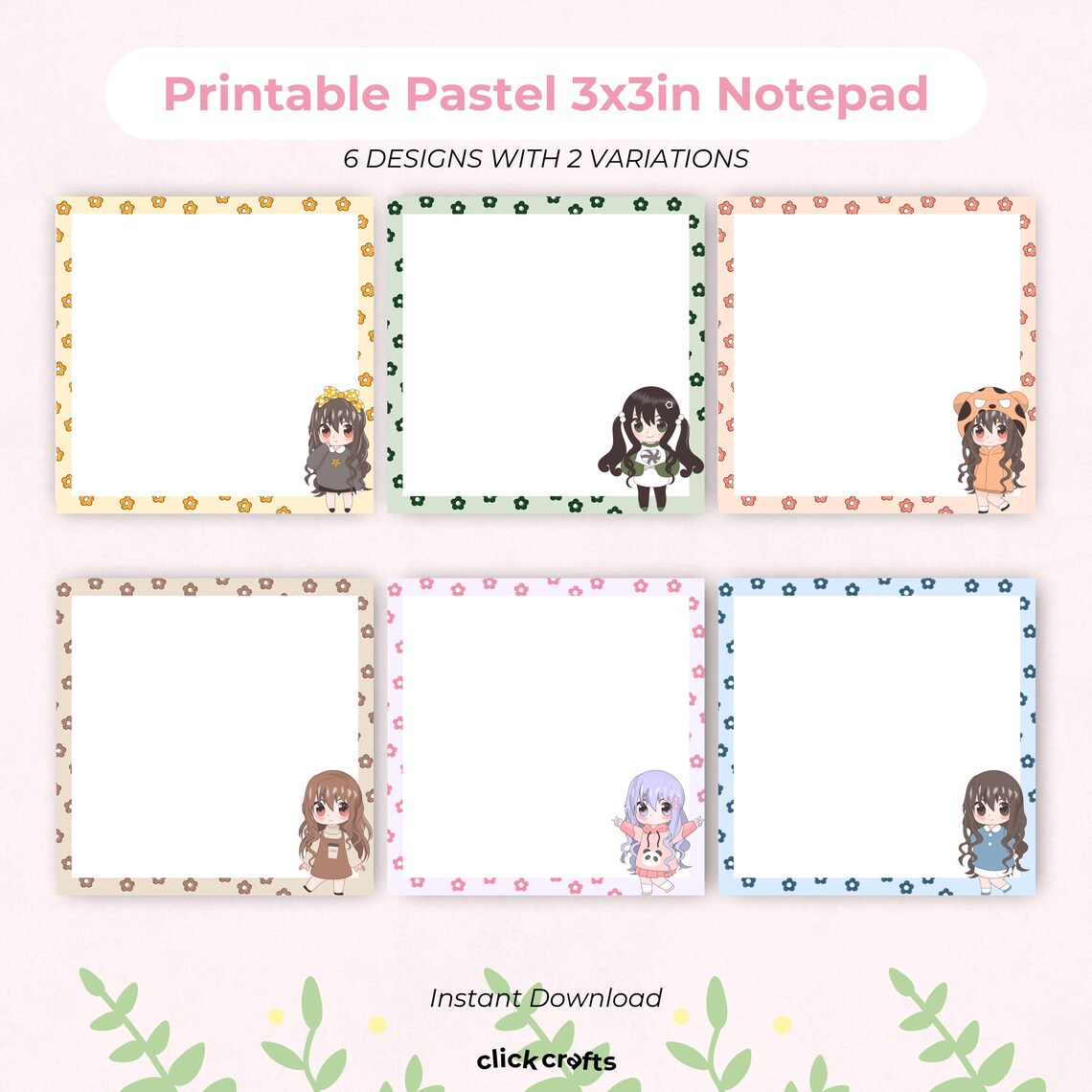 Cute Girl Printable Notepad Template, Printable Square Notepad, Cute ...