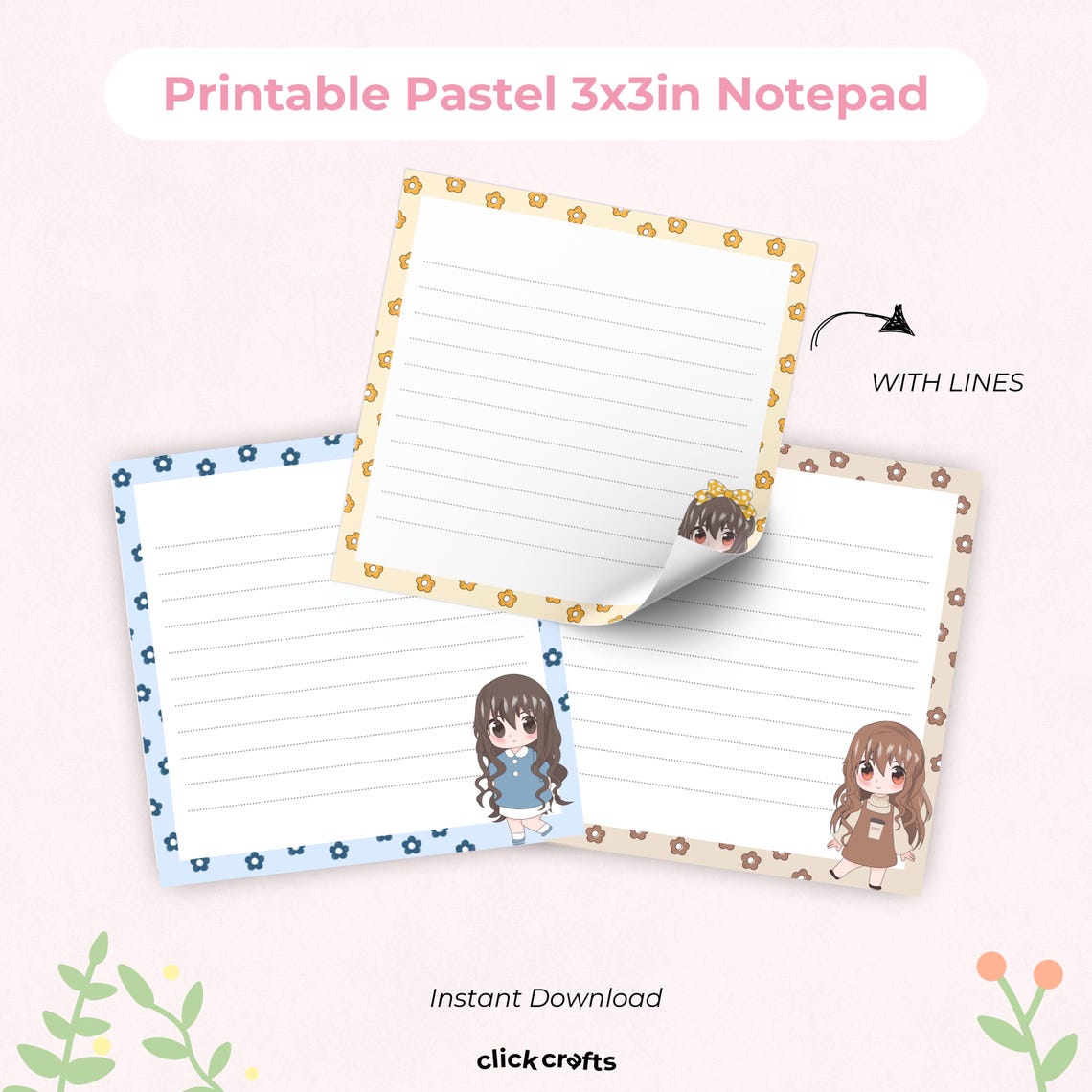 Cute Girl Printable Notepad Template, Printable Square Notepad, Cute ...