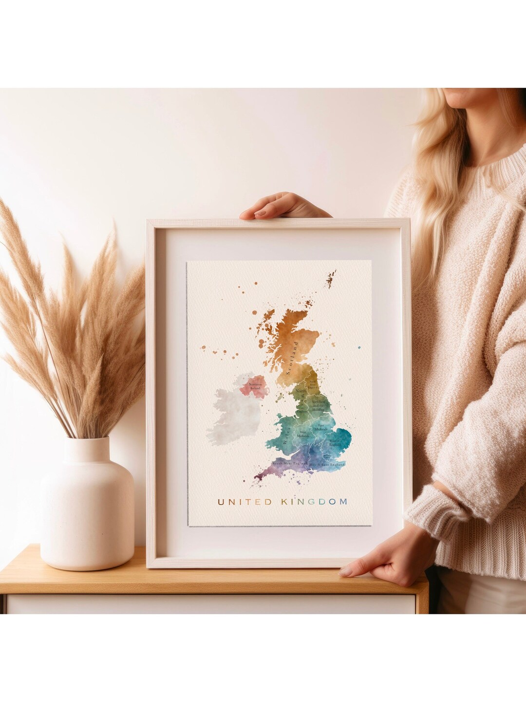 United Kingdom Map Wall Art, Watercolour Boho Home Decor, Office Gift ...