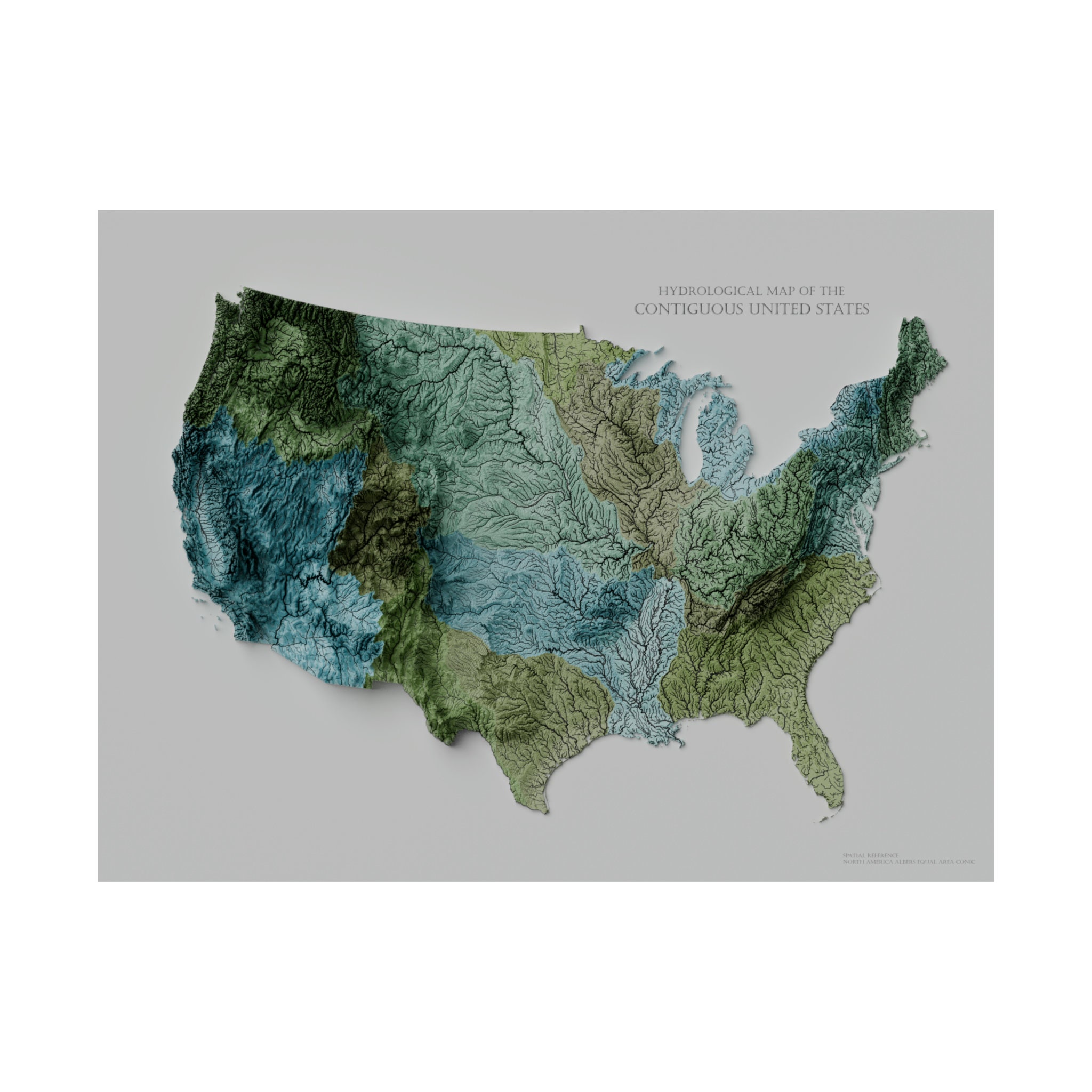 River / Hydro Map USA (blues and Greens) - Etsy