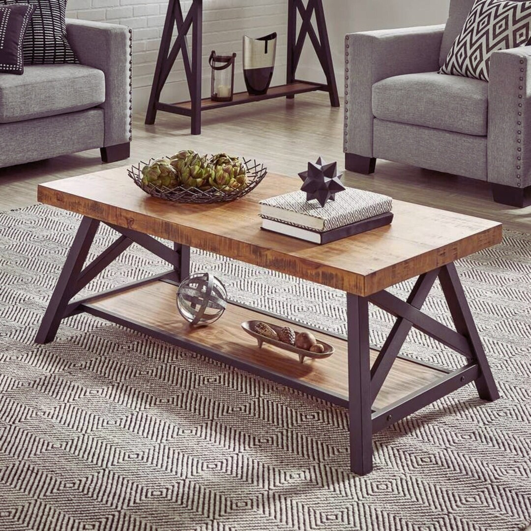 Rectangle Two Tier Wood Coffee Table, Floor Shelf Wood Coffee Table, X ...