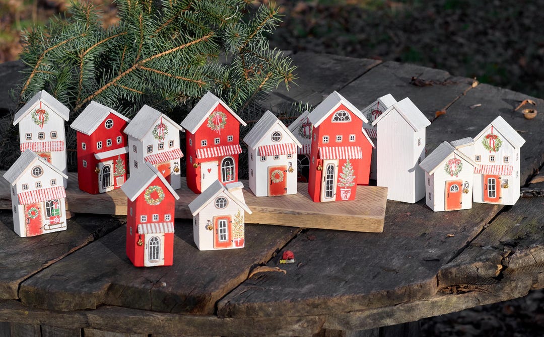 Hand-painted Wooden Mini Houses – Red & White Christmas Village ...