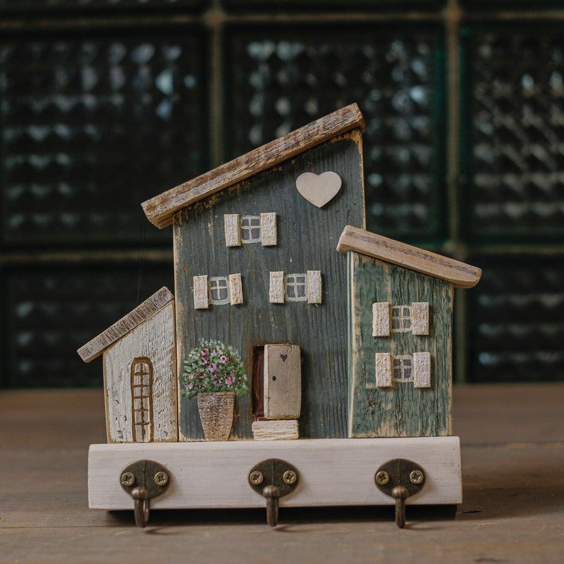 Handmade Wooden Key Holder, Wall Mounted Coat Rack Hooks, Wooden Houses ...