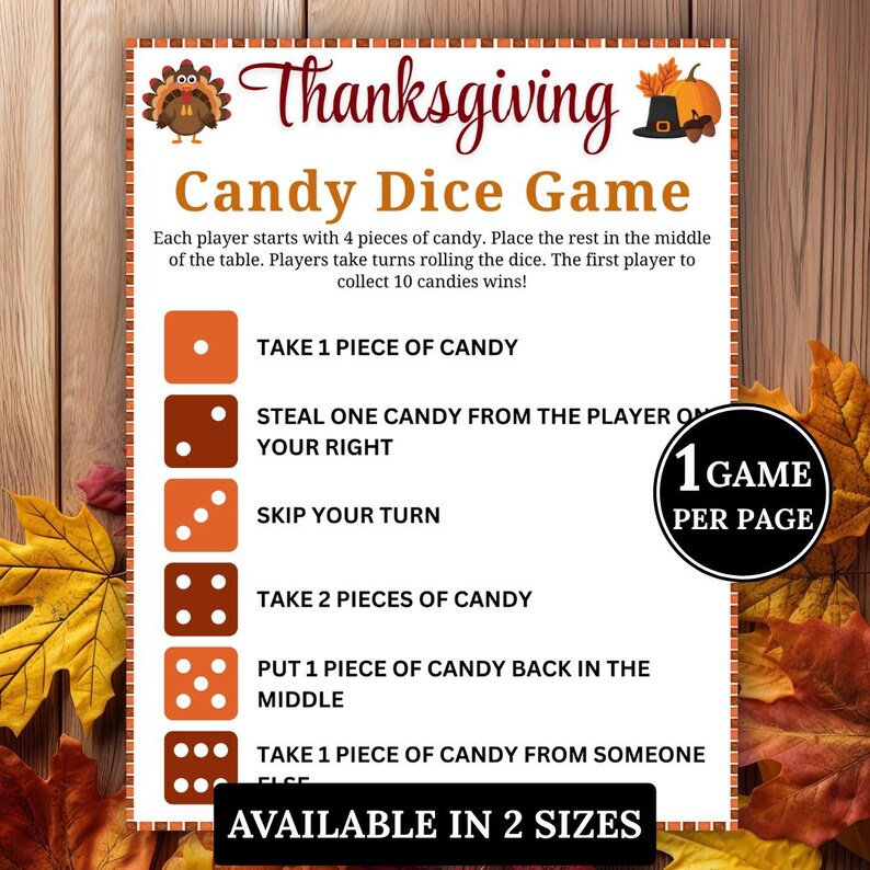 Thanksgiving Candy Dice Game, Thanksgiving Party Game Printable, Candy ...