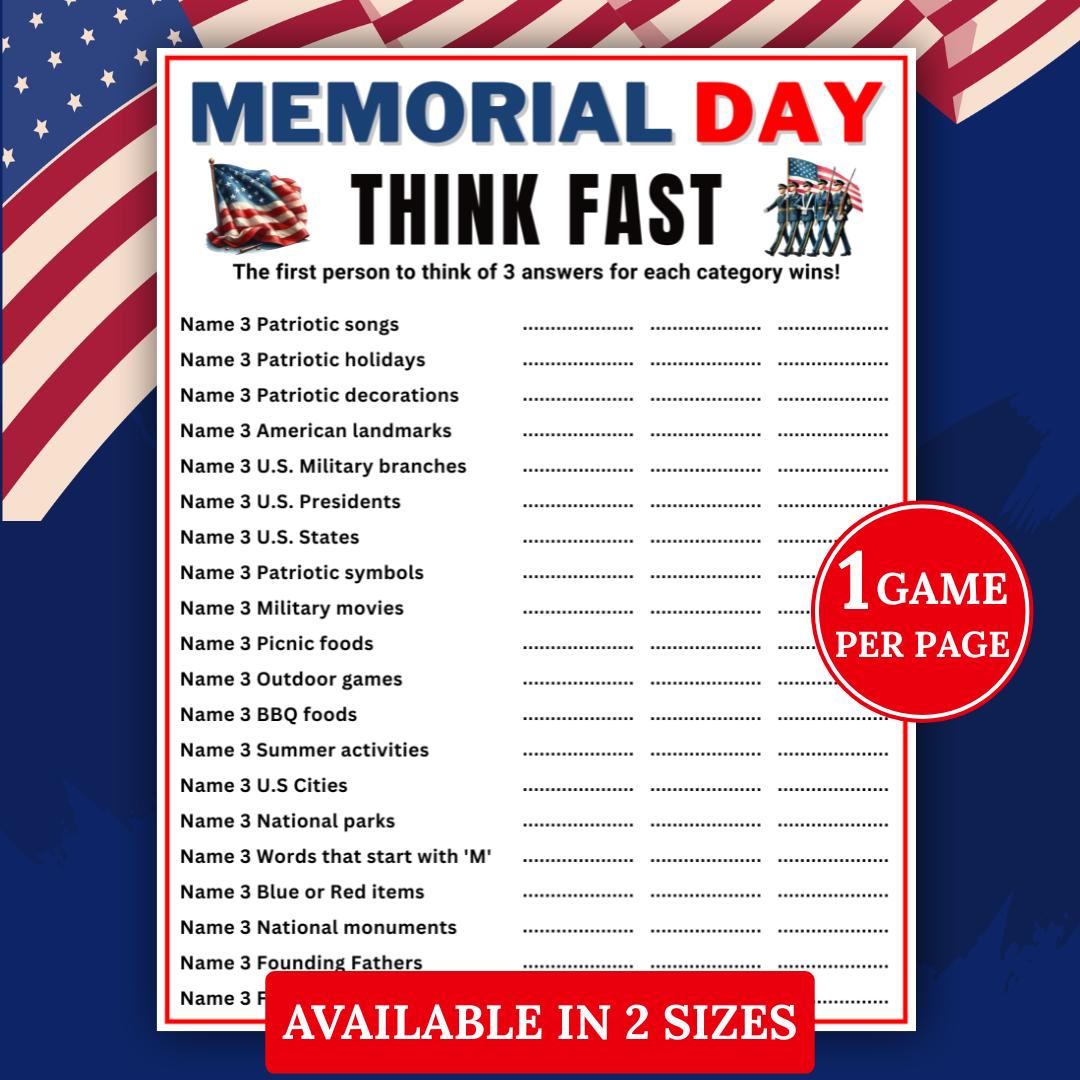 Memorial Day Think Fast Game, Memorial Day Games, Memorial Day ...