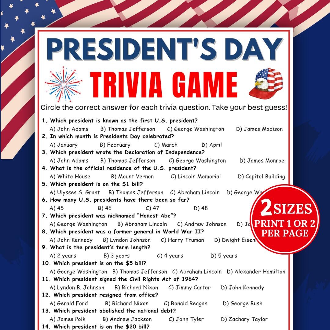 Presidents Day Trivia Game, US Presidents Quiz, Trivia Quiz, Presidents ...