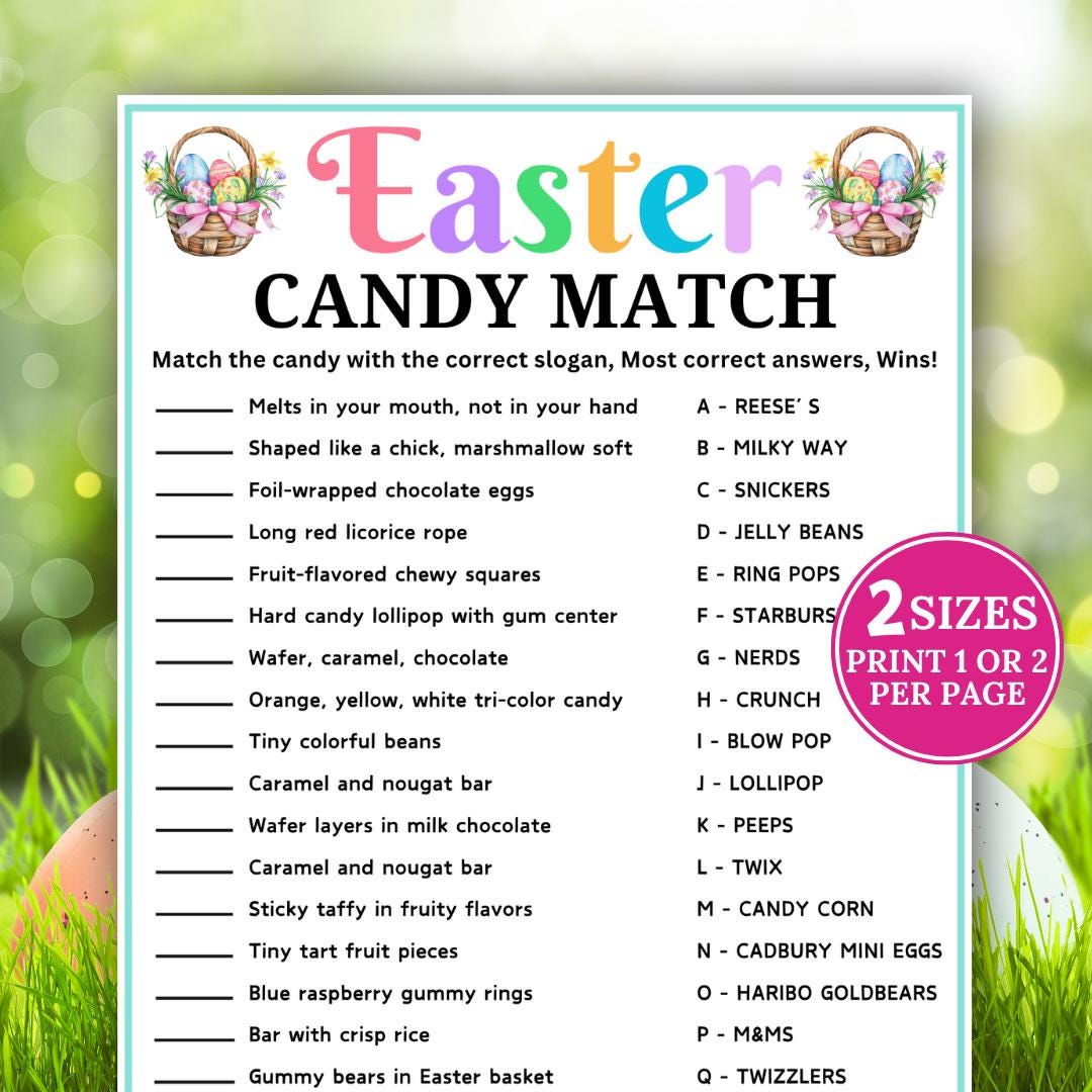 Easter Candy Match Game, Easter Party Game, Candy Slogan Trivia Game ...