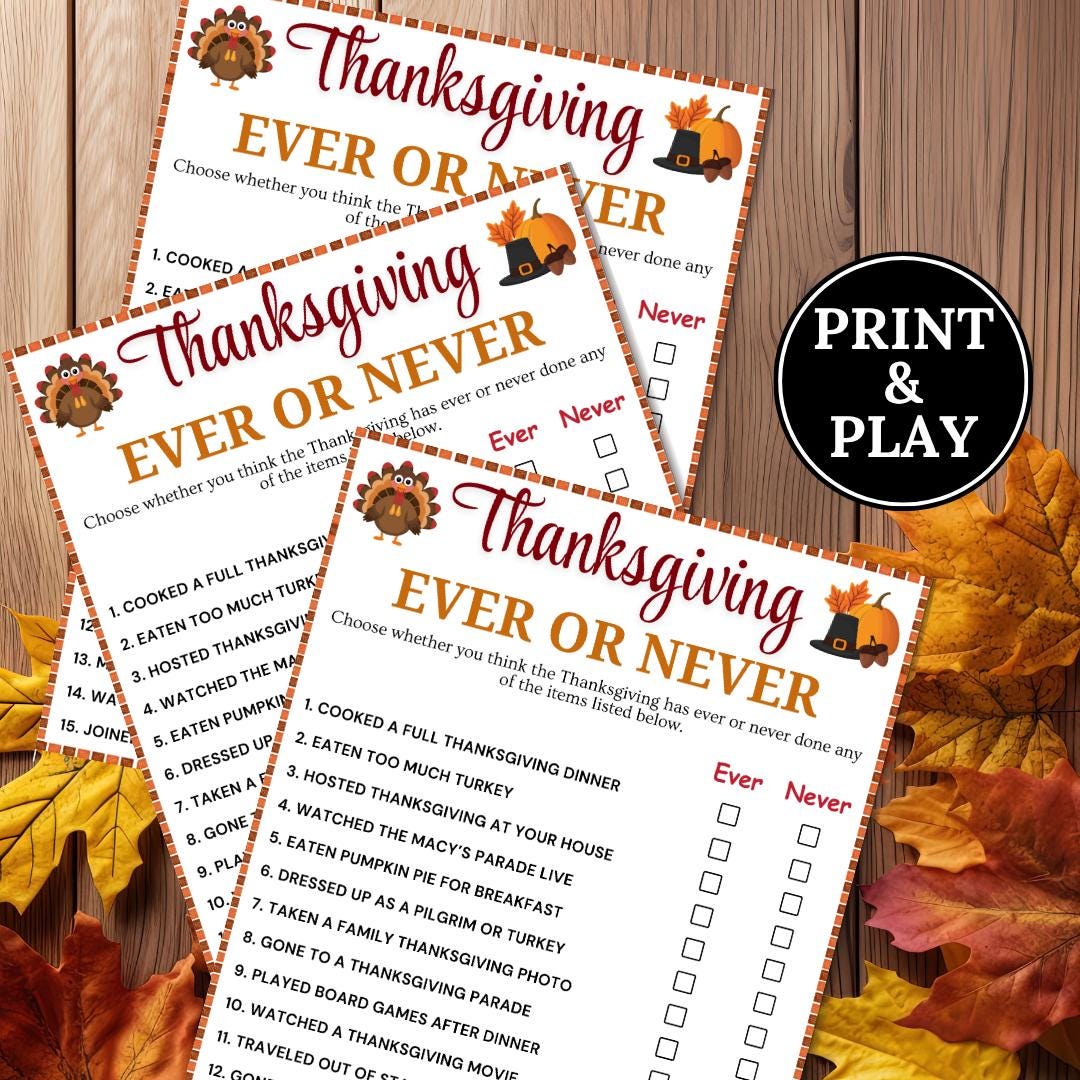 Thanksgiving Ever or Never Game, Never Have I Ever, Thanksgiving Games ...