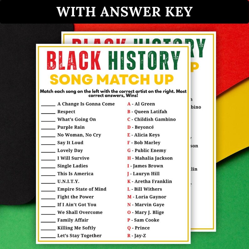 Black History Month Song Match-up, Black Music Match Game, Black ...