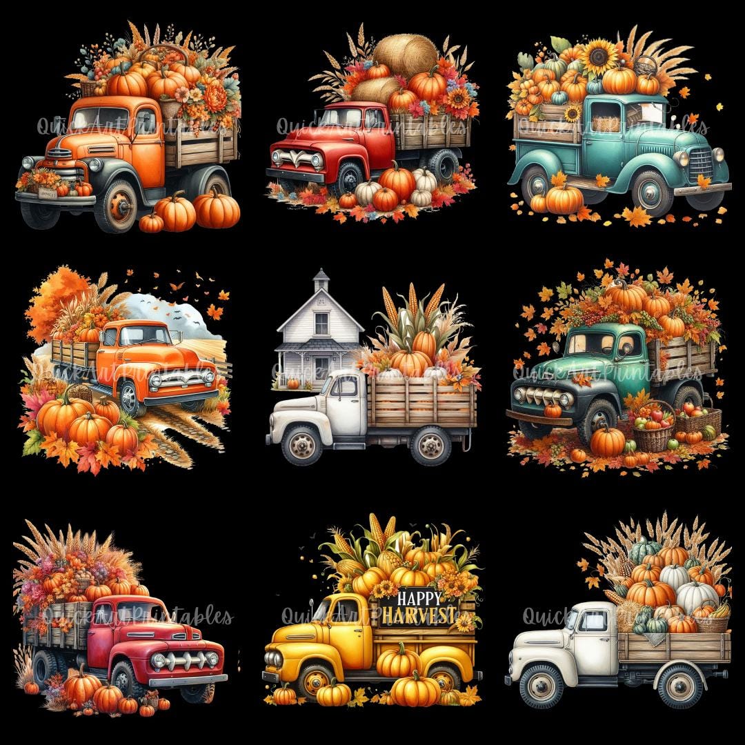 Watercolor Fall Trucks Clipart Collection, Hello Fall Clipart, Autumn ...