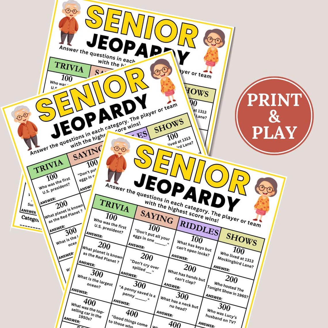 Senior Jeopardy Game, Games for Senior Citizens, Senior Activity ...