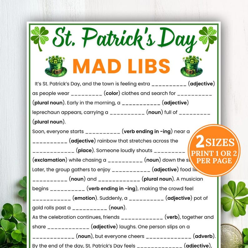 St Patricks Day Mad Libs, St Paddys Games, Irish Party Game, St ...