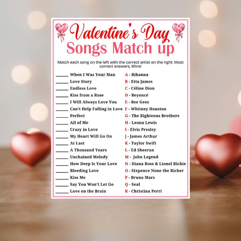 Valentine's Day Love Song Match-up, Valentines Match Game, Valentines ...