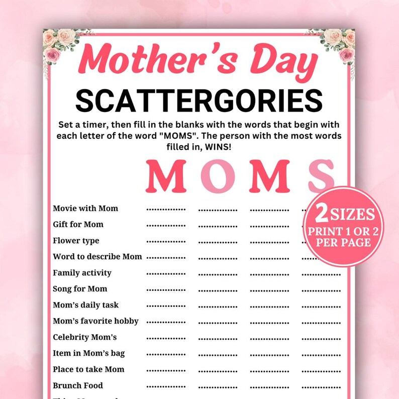 Mothers Day Scattergories Game, Mothers Day Activity, Category ...