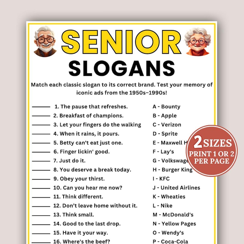 Senior Slogans Game, Trivia for Seniors, Senior Riddles, Senior Party ...
