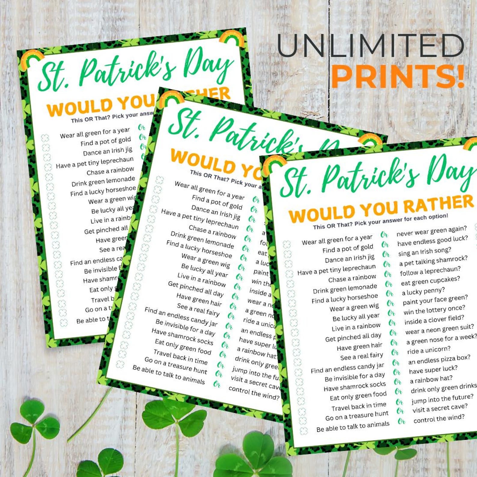 St Patrick's Day Would You Rather Game, Printable This or That Games ...