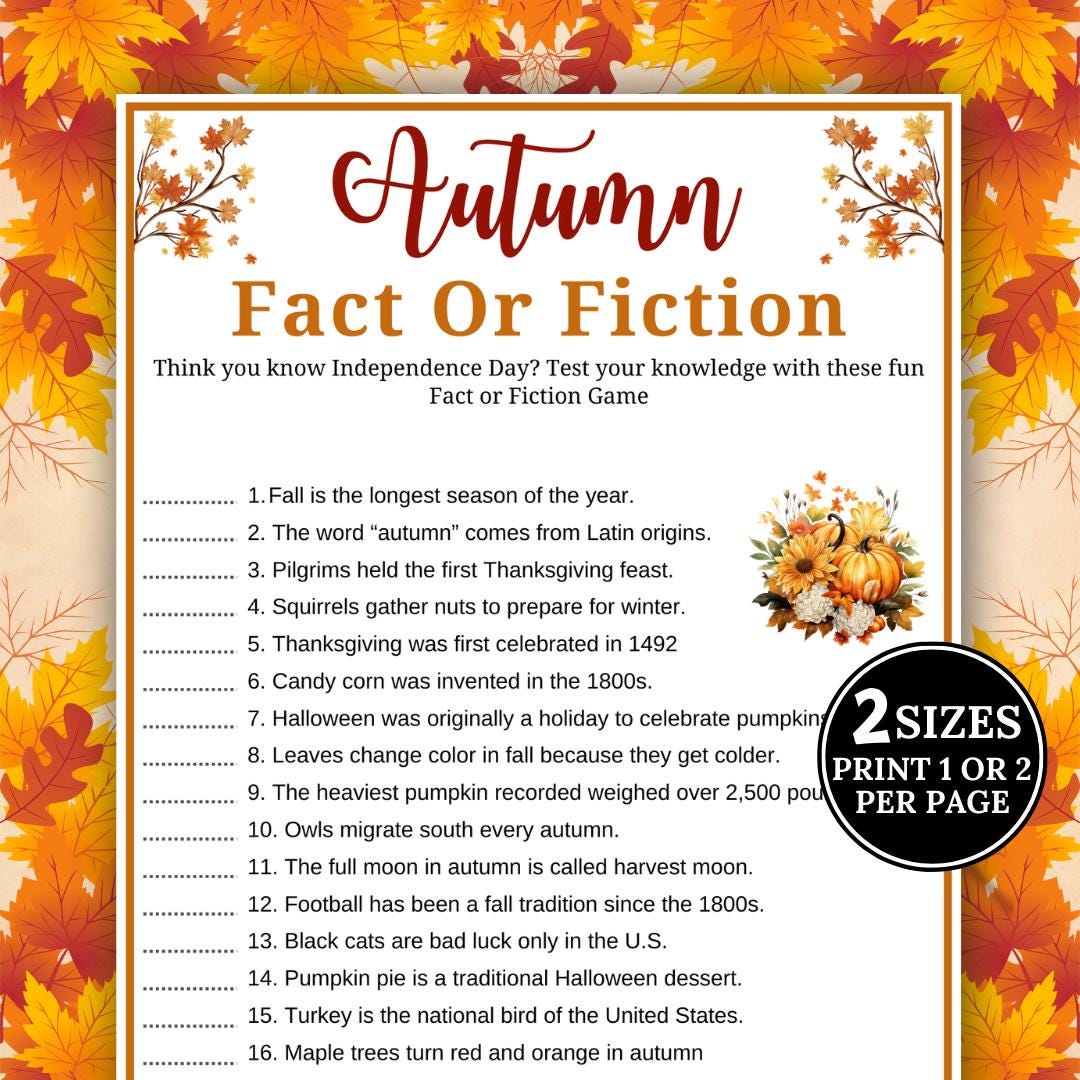 Fall Fact or Fiction Game, Printable Autumn Party Game, True or False ...