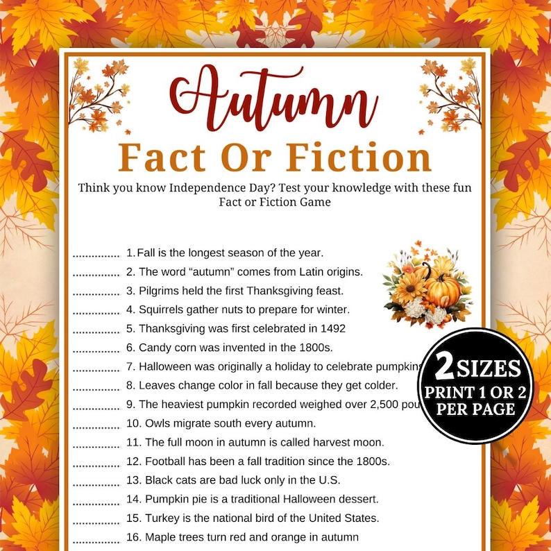 Fall Fact or Fiction Game, Printable Autumn Party Game, True or False ...
