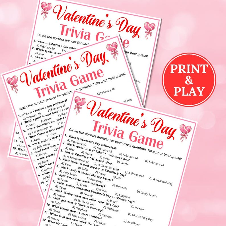 Valentine's Day Trivia Game, Printable Party Activity, Trivia Quiz ...