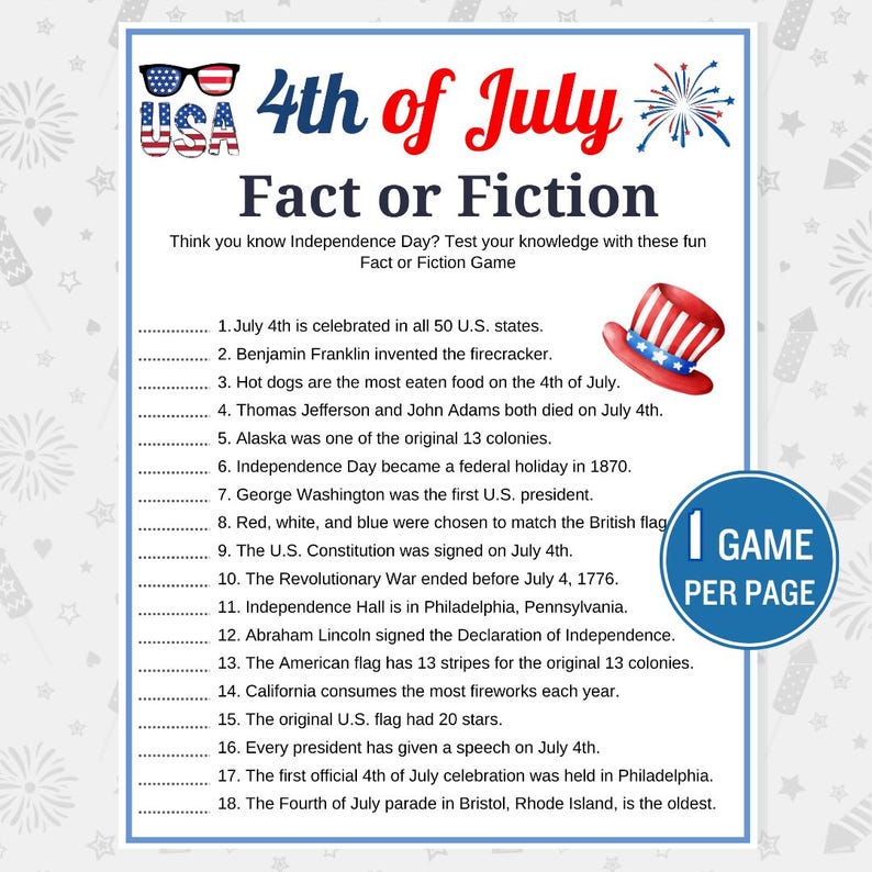4th of July Trivia Game, Fact or Fiction Quiz, 4th of July Games, 4th ...