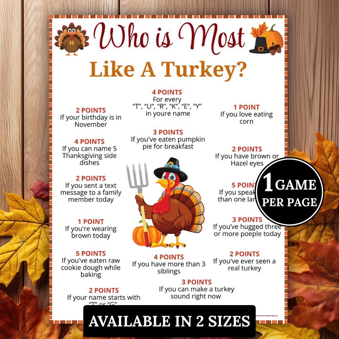 Who is Most Like a Turkey Game, Thanksgiving Game, Thanksgiving ...