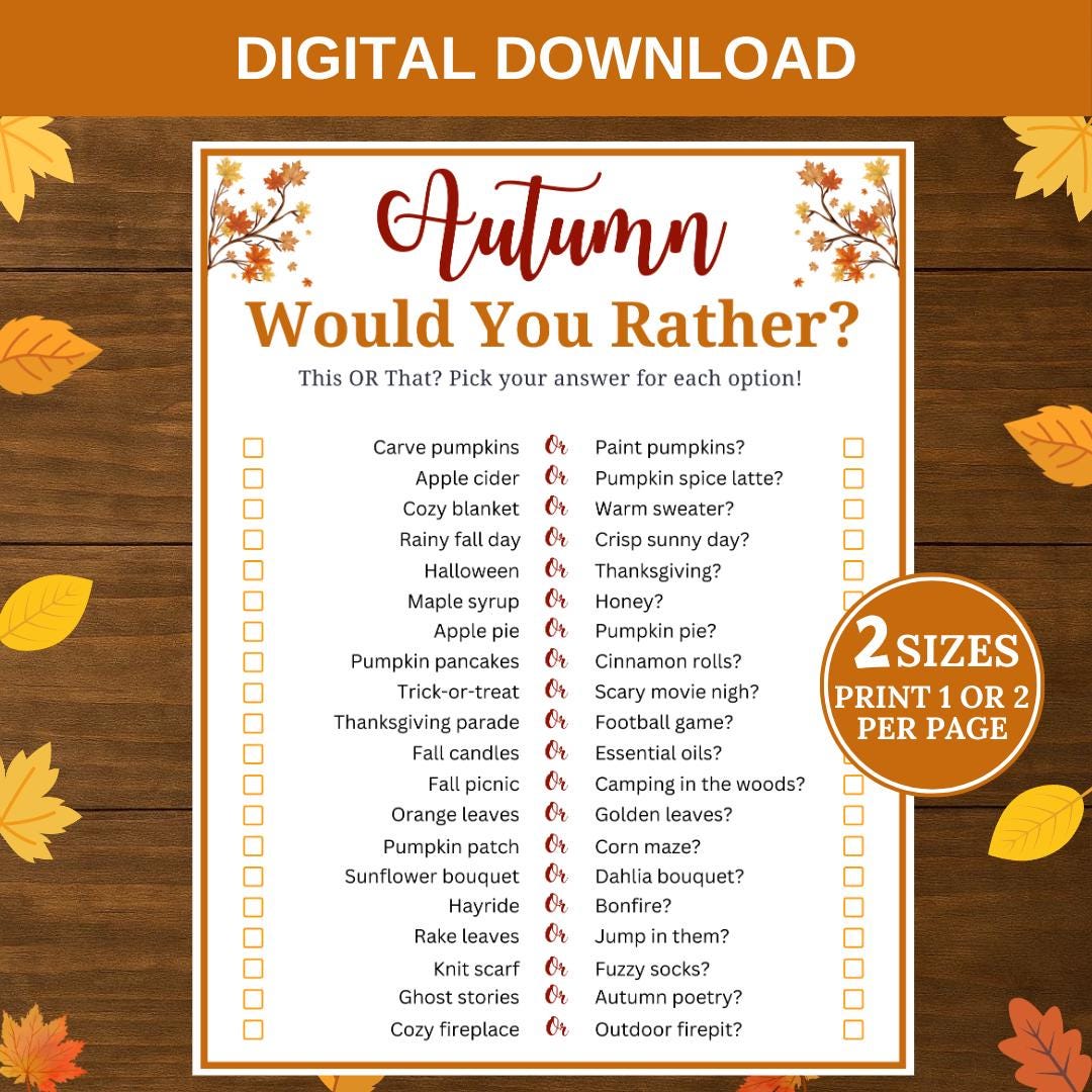 Autumn Would You Rather Game: Printable Fall Party Icebreaker (PDF ...