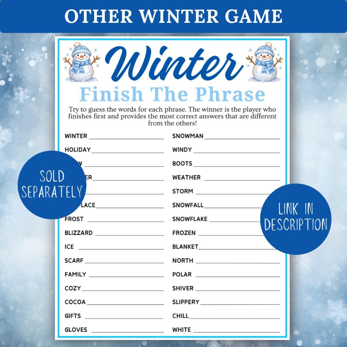 Winter Finish the Phrase Game, Printable Winter Party Games, Winter ...