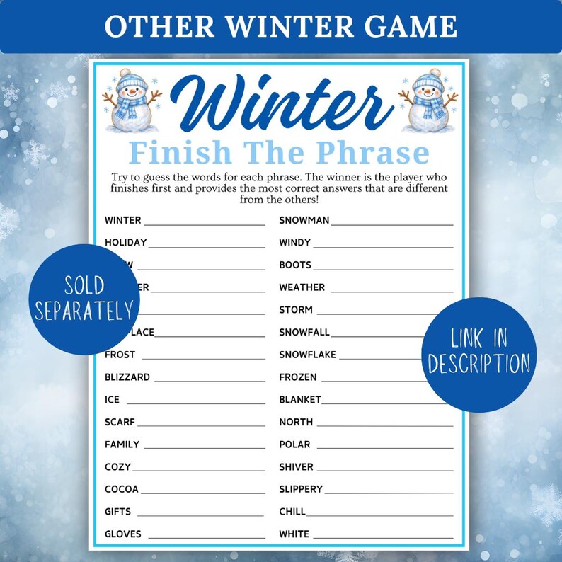 Winter Finish the Phrase Game, Printable Winter Party Games, Winter ...