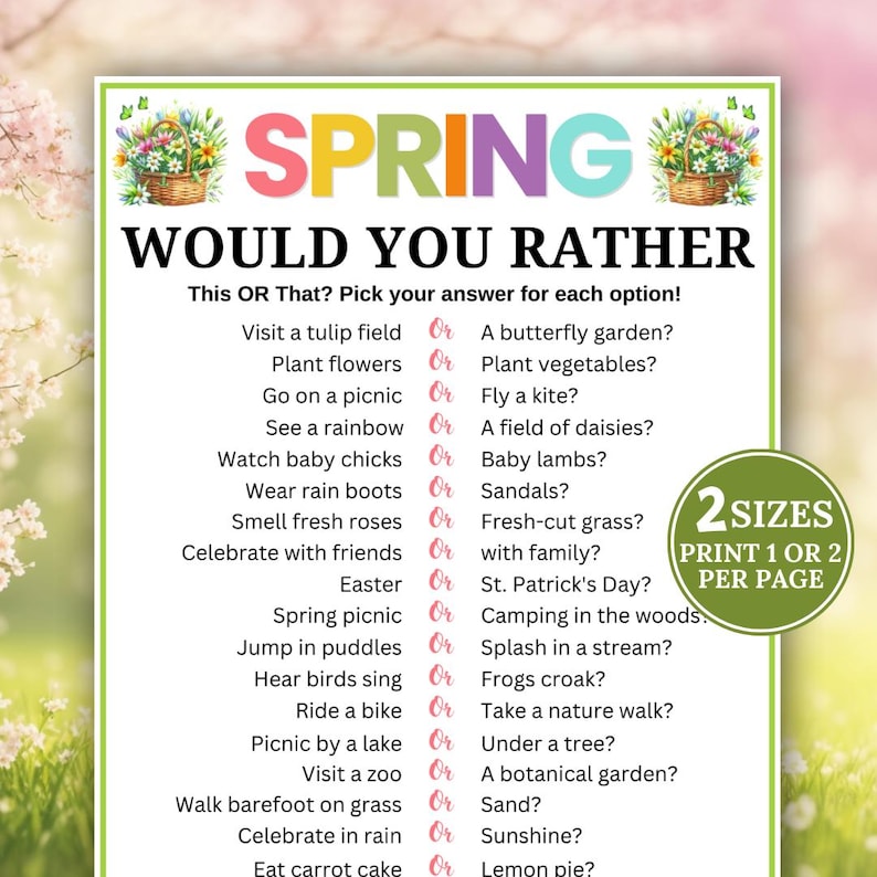 Spring This or That Game, Printable Would You Rather Game, Party Games ...