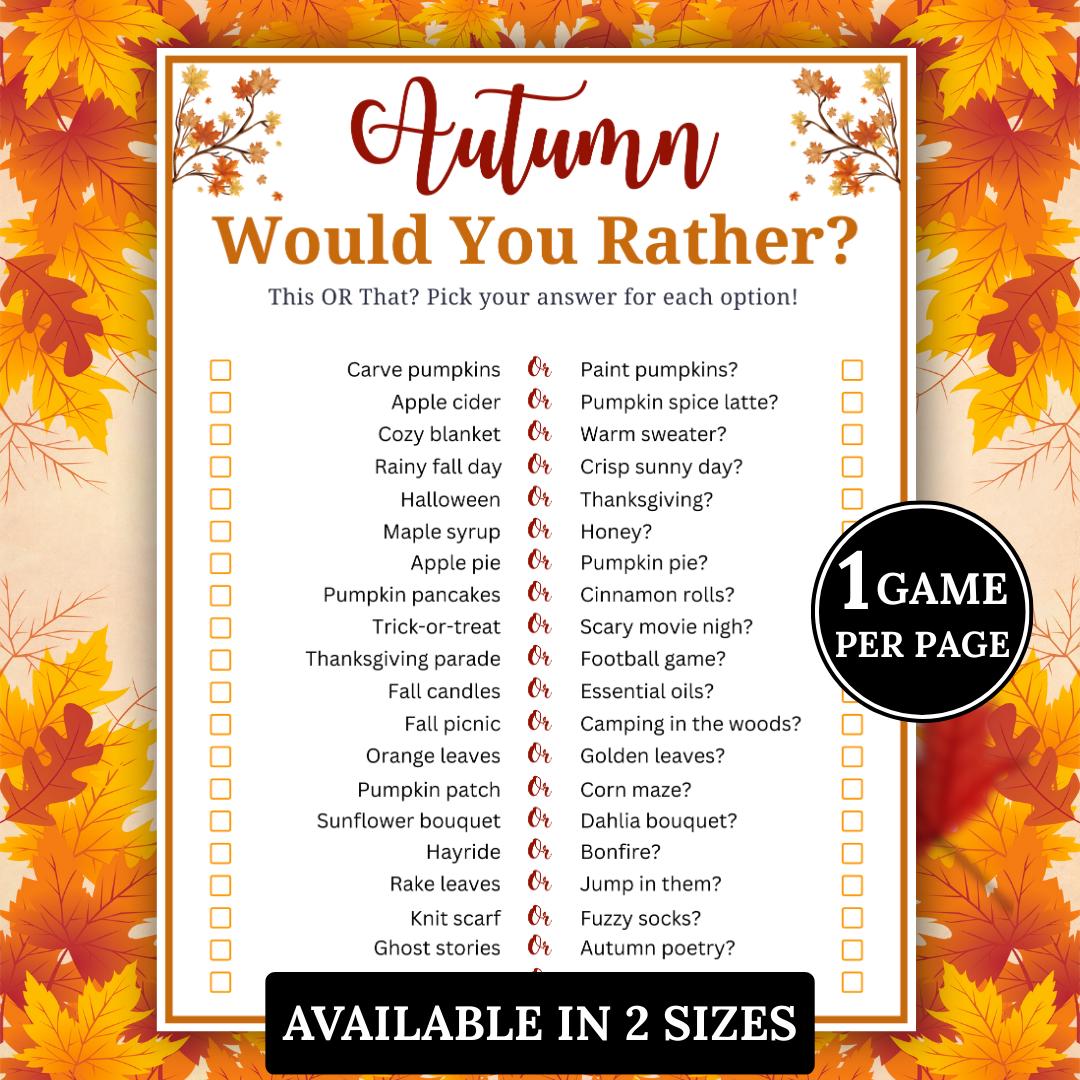 Fall This or That Game, Printable Would You Rather Game, Autumn Games ...