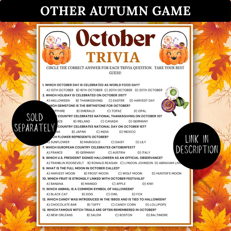 November Trivia Game, Printable November Quiz, Fall Games, Fall Party ...