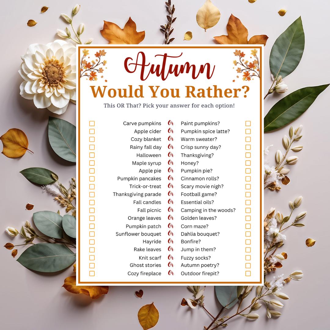 Fall This or That Game, Printable Would You Rather Game, Autumn Games ...