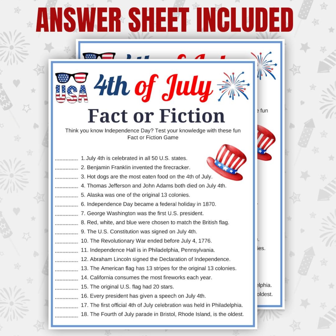 4th of July Trivia Game, Fact or Fiction Quiz, 4th of July Games, 4th ...