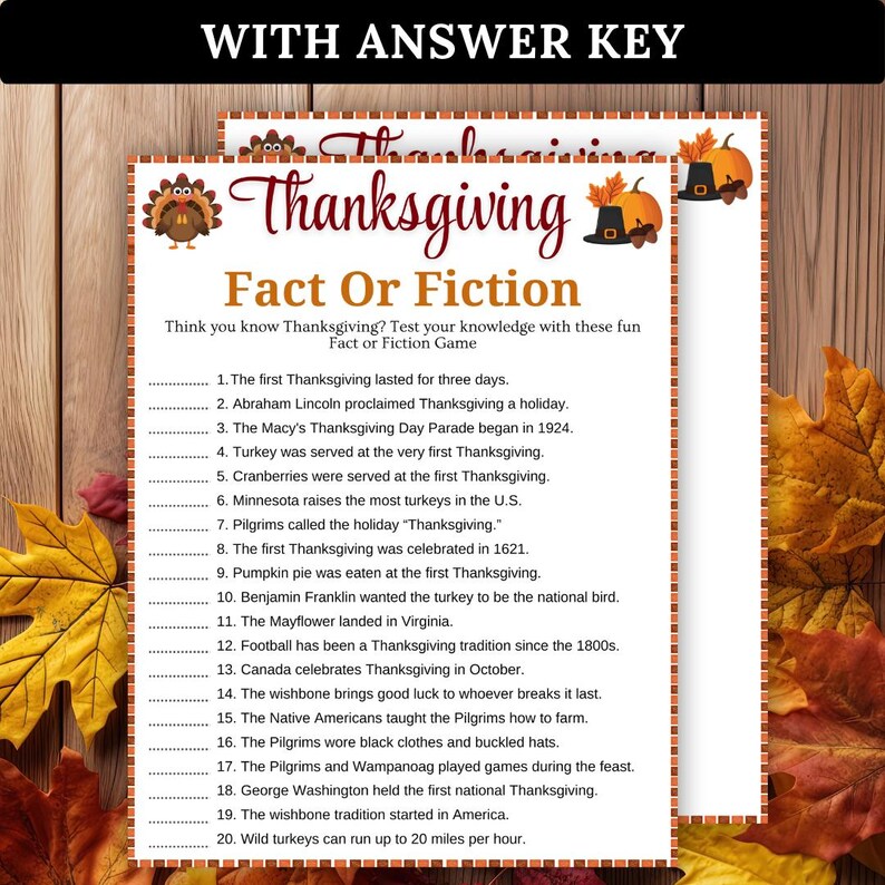 Thanksgiving Fact or Fiction Game, Party Game for Kids & Adults, True ...