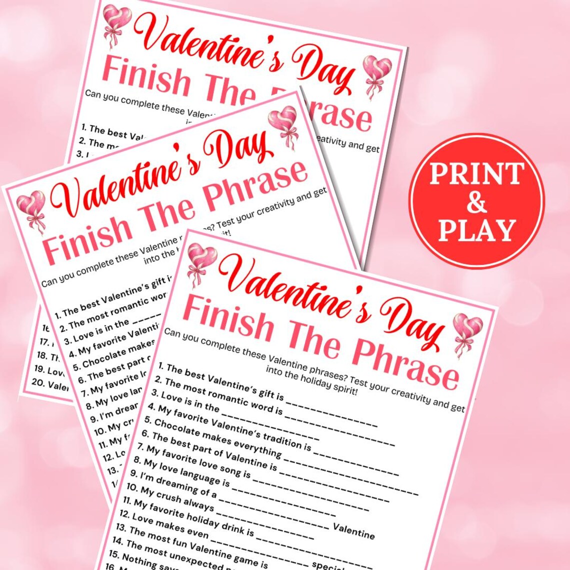 Valentine's Day Finish the Phrase Game, Printable Party Games ...