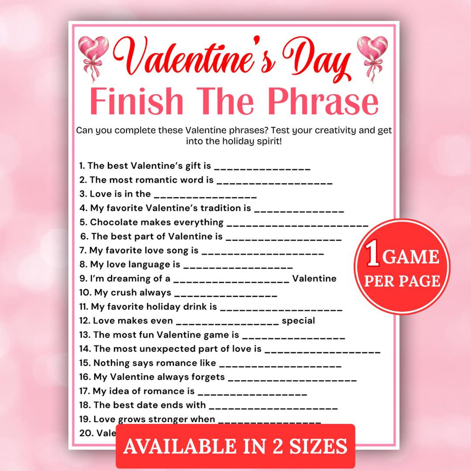 Valentine's Day Finish the Phrase Game, Printable Party Games ...
