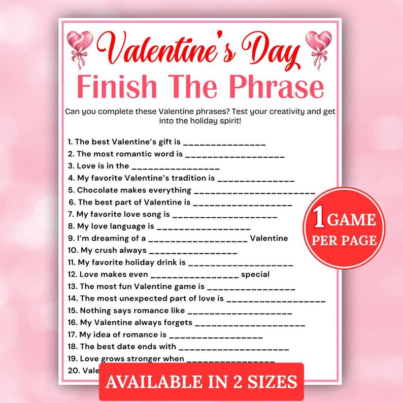 Valentine's Day Finish the Phrase Game, Printable Party Games ...