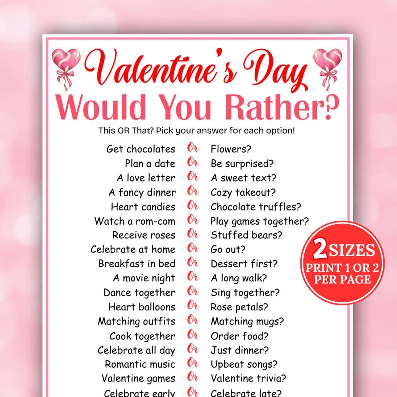 Valentine's Day This or That Game, Would You Rather Game, Party Games ...