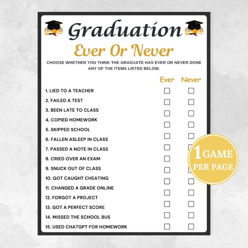 Graduation Party Games Never Have I Ever, Grad Party Games, Fun ...
