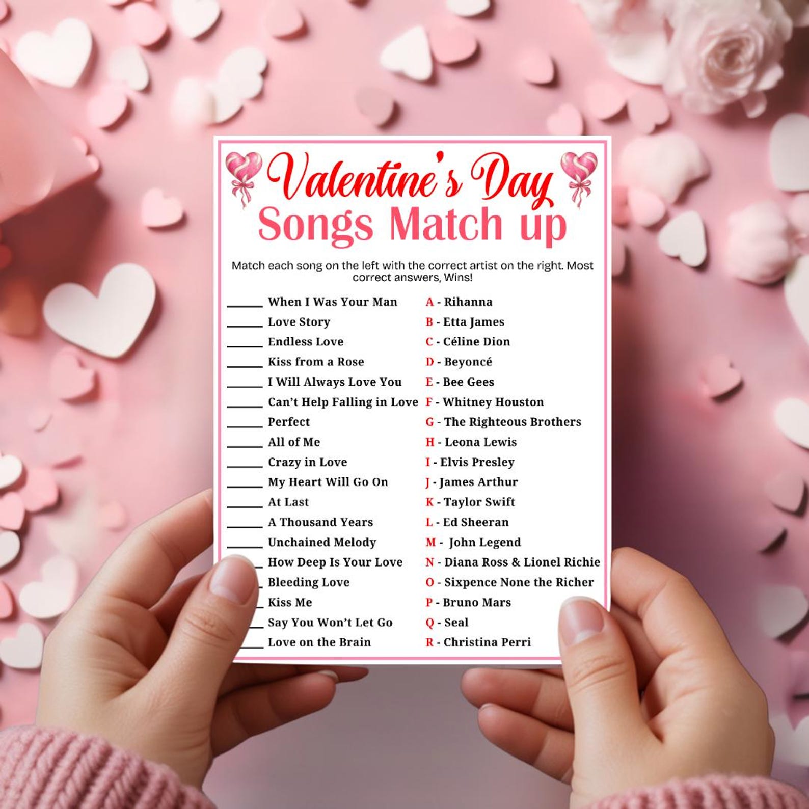 Valentine's Day Love Song Match-up, Valentines Match Game, Valentines ...