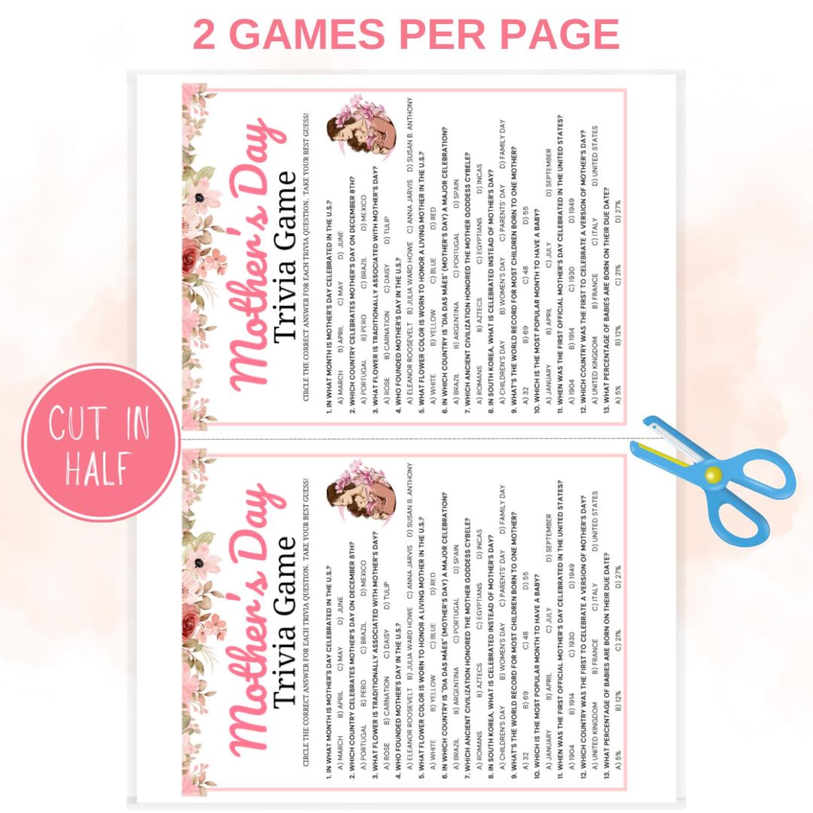 Mother's Day Trivia Game, Mother's Day Quiz Game, Mothers Day Party ...
