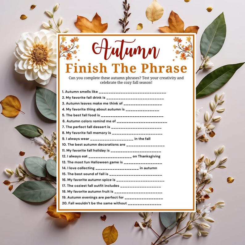 Autumn Finish the Phrase Game Printable | Fall Party Game, Thanksgiving ...