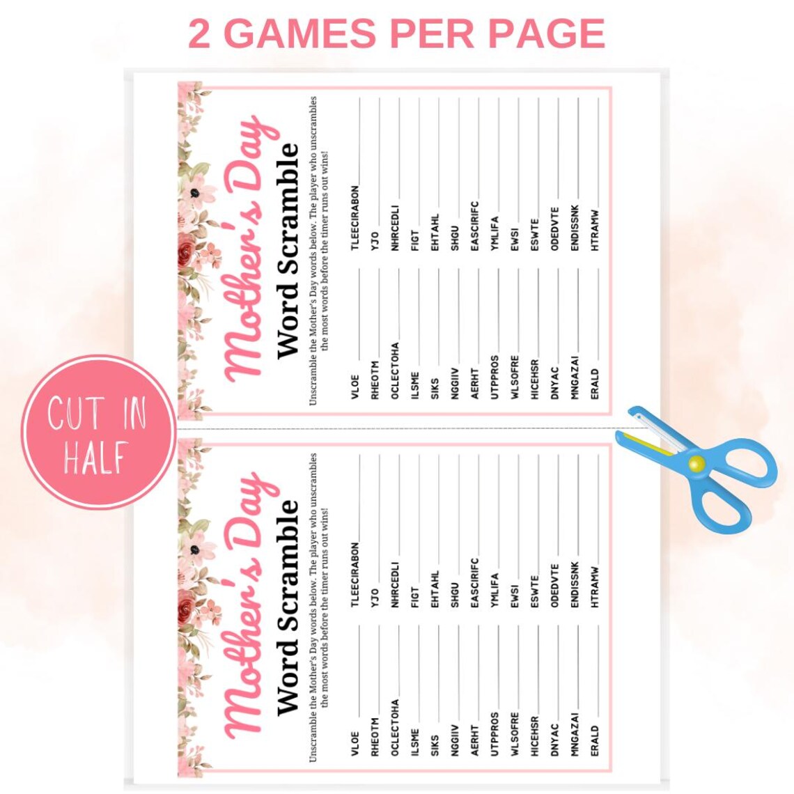 Mother's Day Word Scramble Game, Printable Mothers Day Games, Word ...