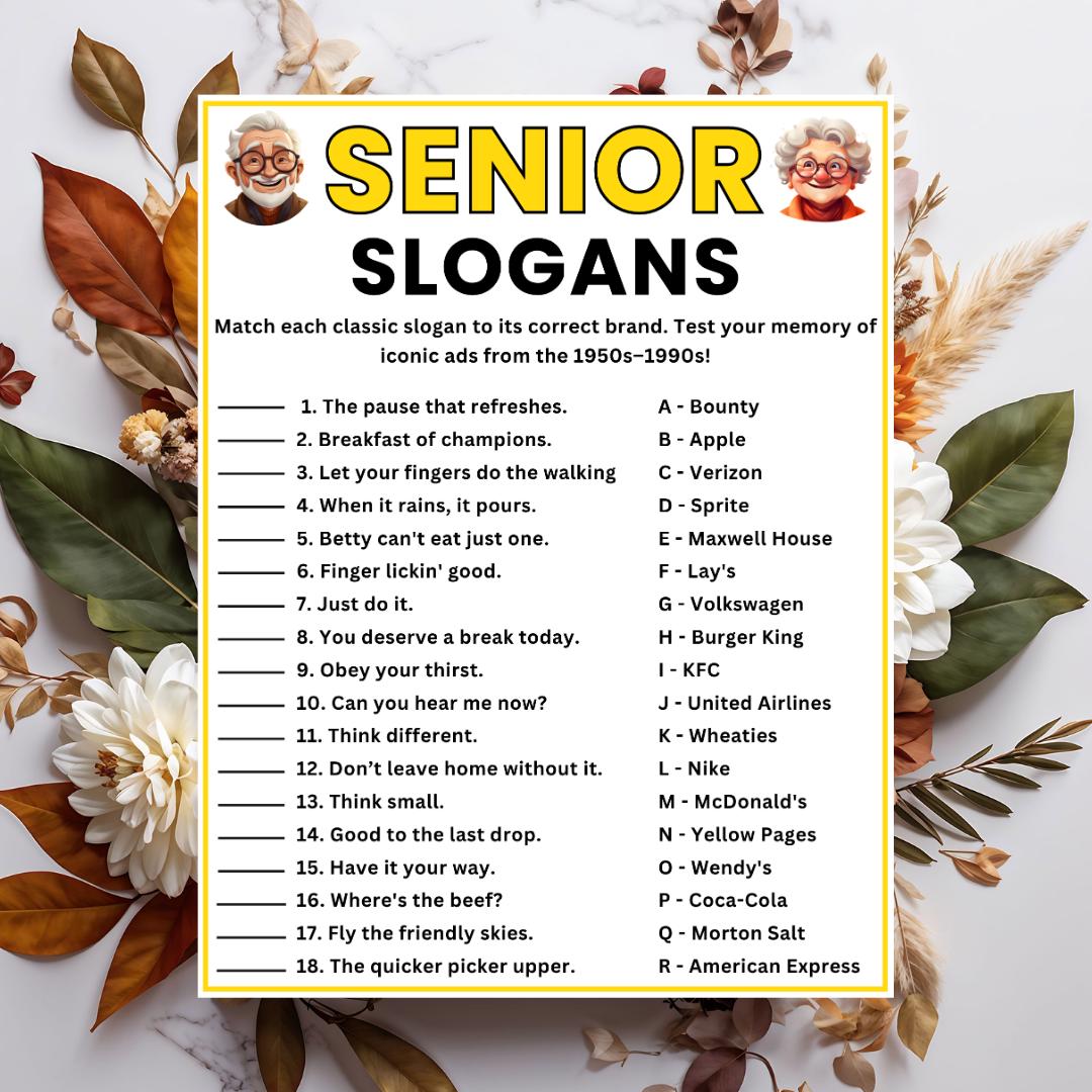 Senior Slogans Game, Trivia for Seniors, Senior Riddles, Senior Party ...