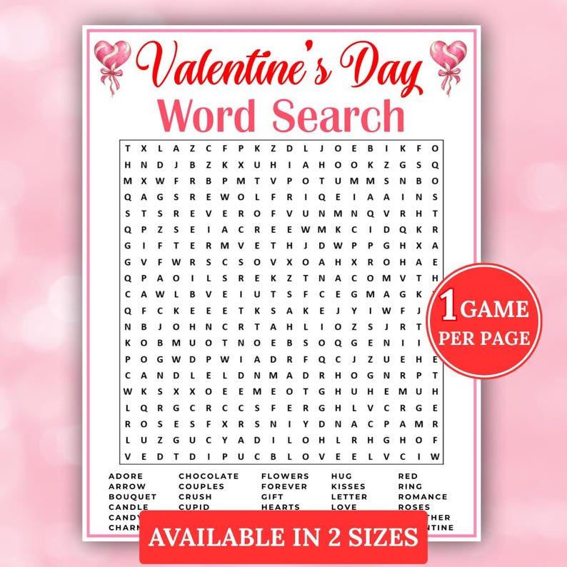 Valentine's Day Word Search, Valentine Party Game, Word Search Puzzle ...