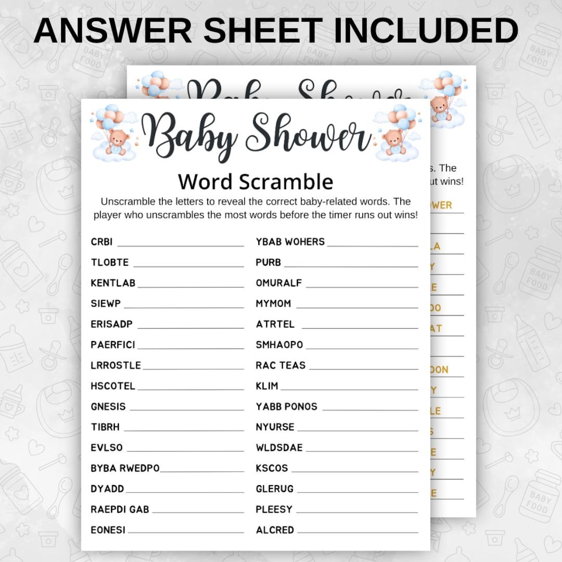 Baby Shower Word Scramble Game, Printable Baby Shower Games, Word ...