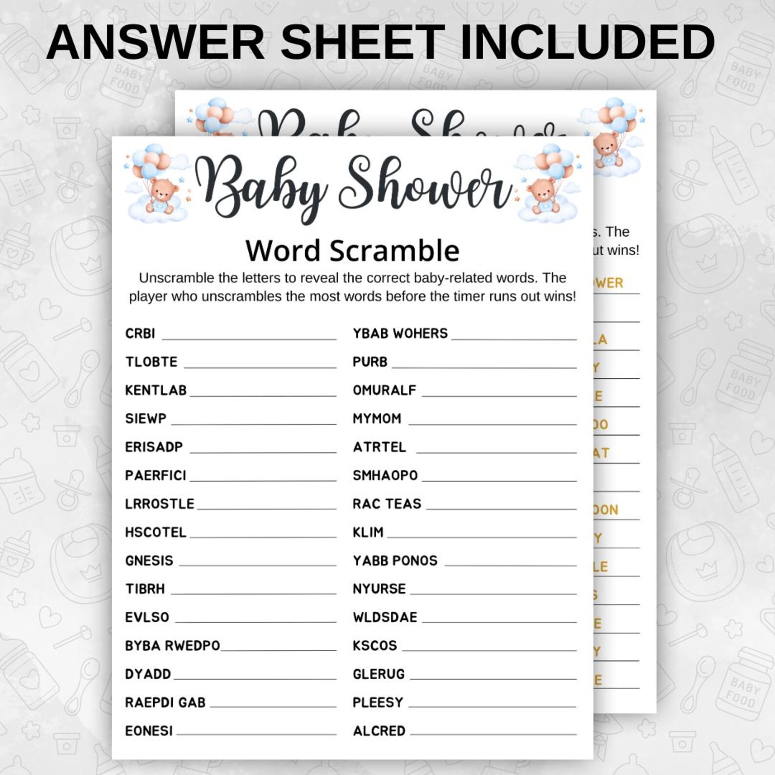 Baby Shower Word Scramble Game, Printable Baby Shower Games, Word ...