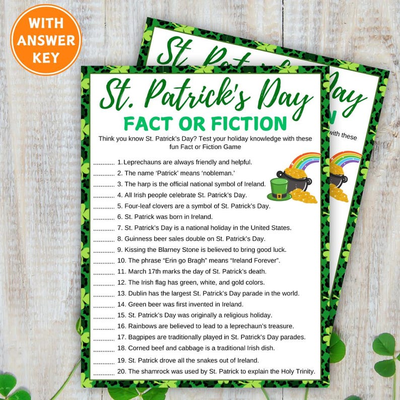 St. Patrick's Trivia Game,fact or Fiction, St Patricks Day Games, Fun ...