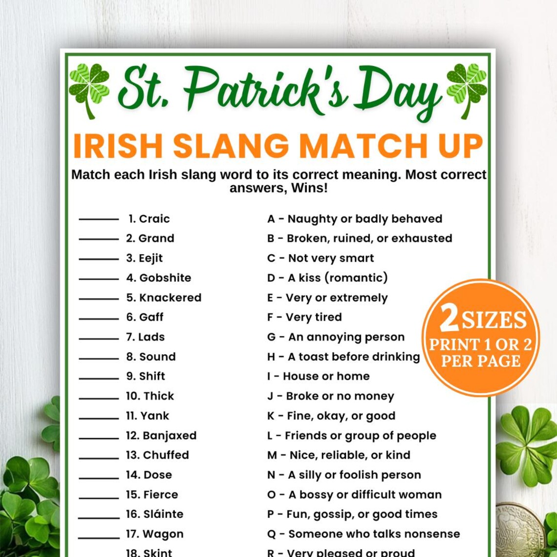 St Patricks Day Irish Slang Match up Game, Office Party Icebreaker, St ...