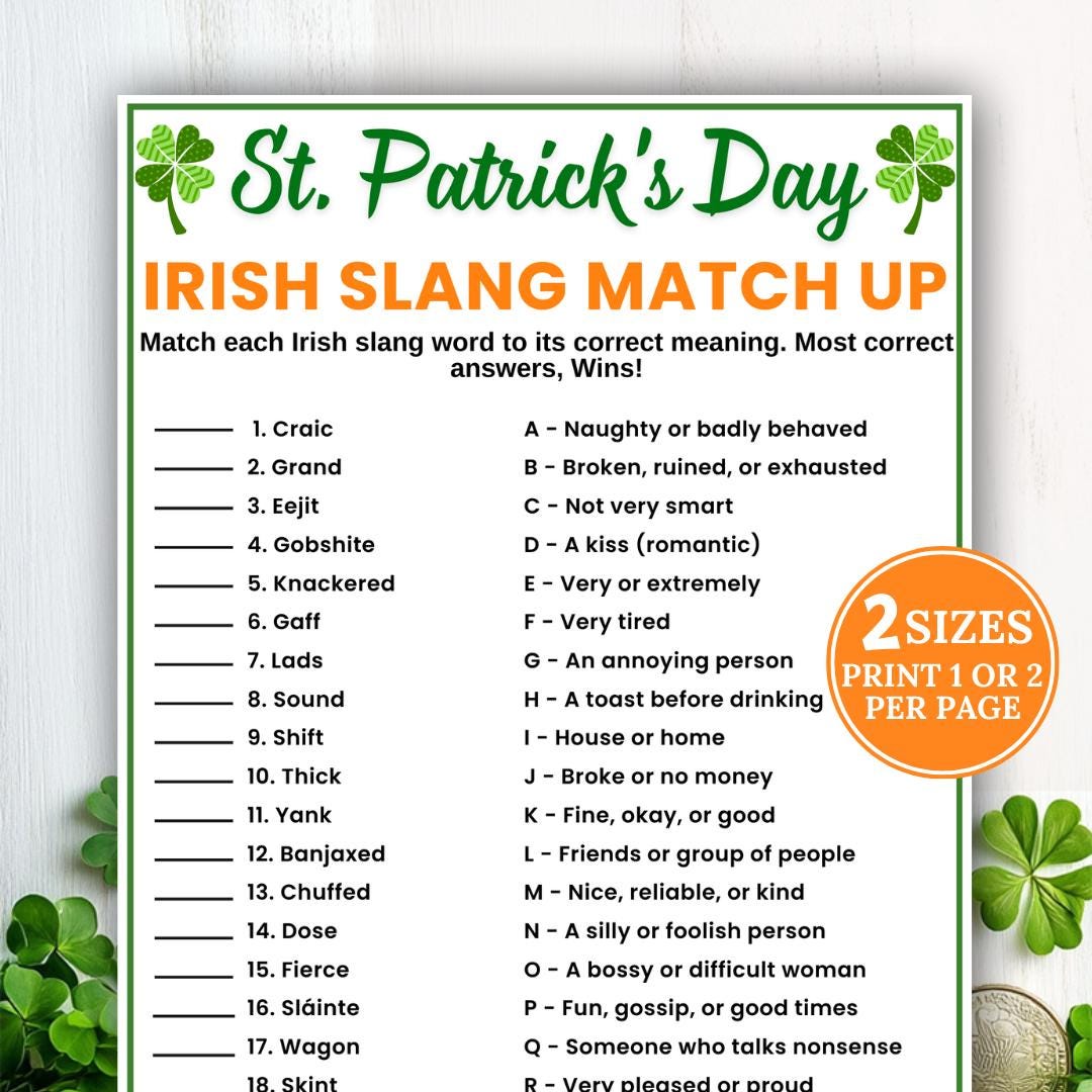 St Patricks Day Irish Slang Match up Game, Office Party Icebreaker, St ...